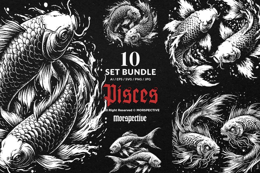 10 Bundle Dark Art Pisces Fish Koi Gothic Horror Zodiac Scary Tattoo ...