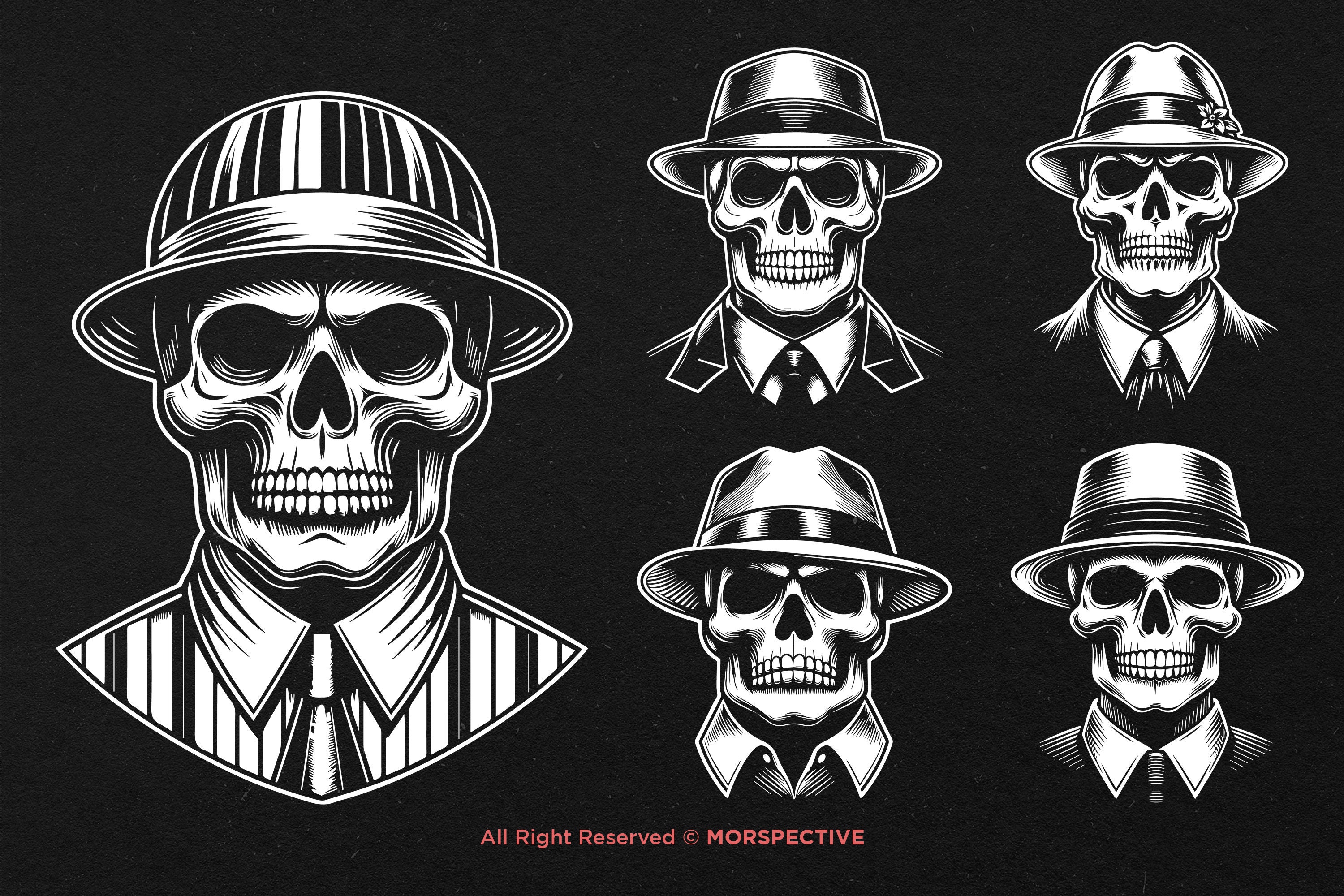 10 Bundle Dark Art Skull Mafia Head Hat and Collar Black and White Art ...