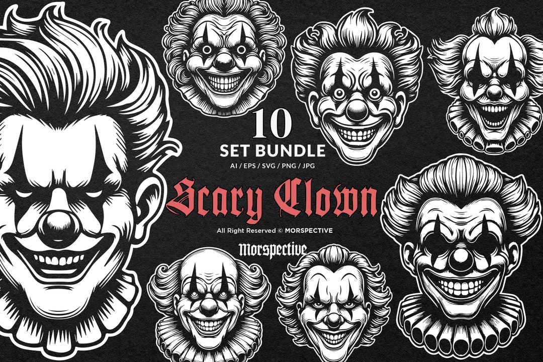 10 Bundle Dark Art Scary Smile Clown Head Black and White Illustration ...