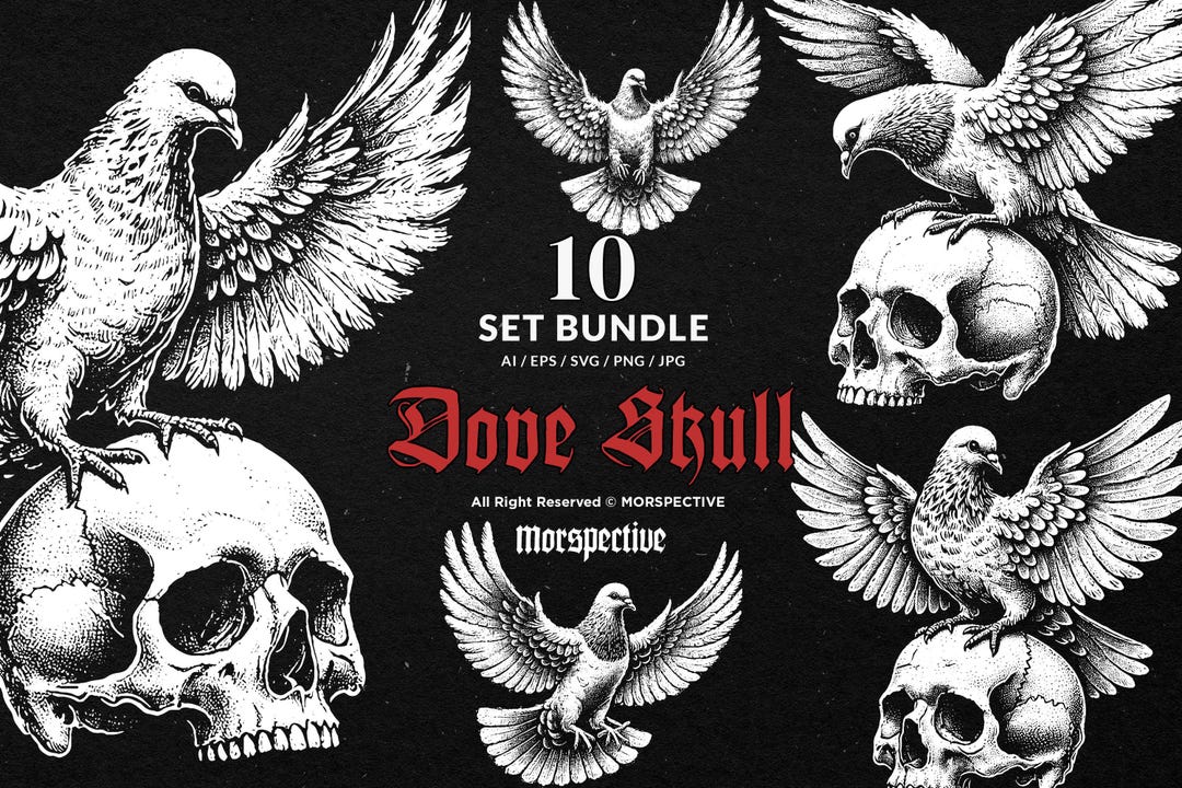 10 Bundle Dark Art Dove Standing on Skull Gothic Horror Pigeon Bird ...