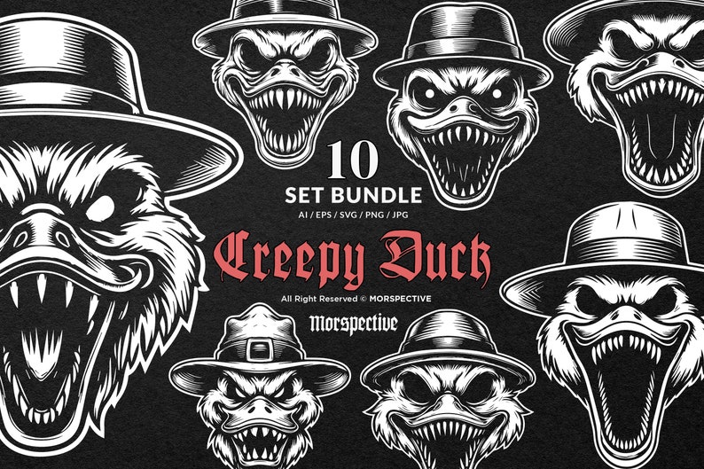 10 Bundle Dark Art Creepy Angry Duck Head With Hat Black and White ...