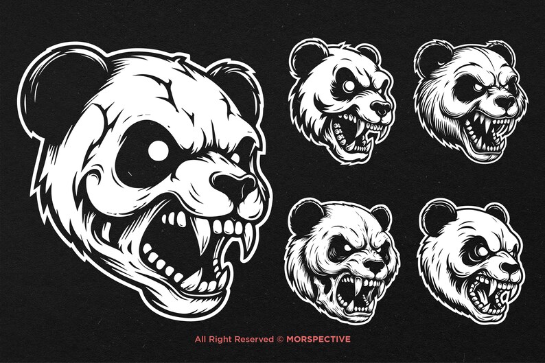 10 Bundle Dark Art Angry Skull Panda Head Black and White Illustration ...