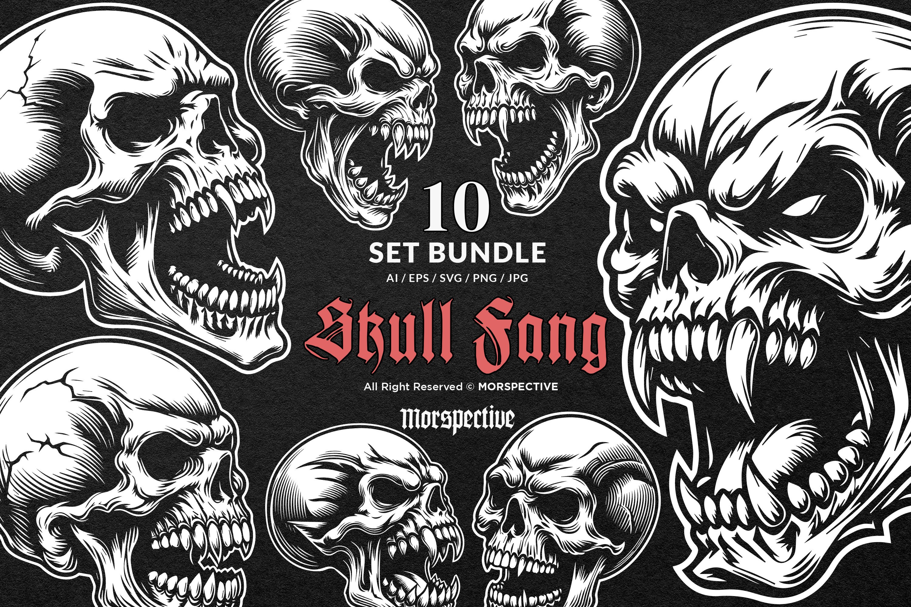 10 Bundle Dark Art Scary Skull Fang Head Black and White Illustration ...