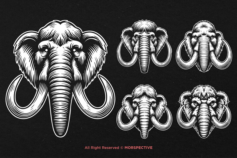 10 Bundle Dark Art Beast Mammoth Head With Long Tusks Black and White ...