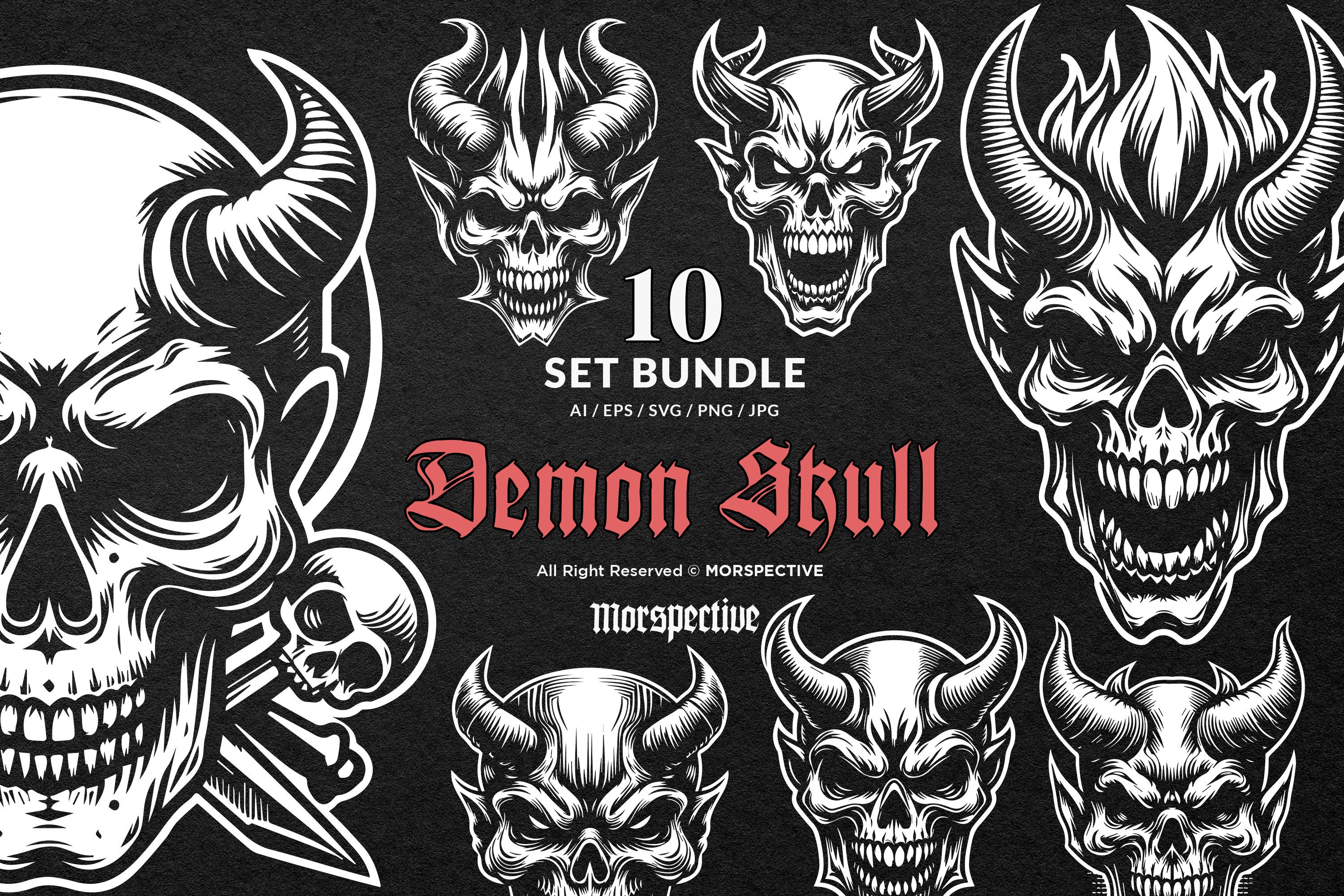 10 Bundle Dark Art Angry Demon Skull Head With Horn Black and White Art ...