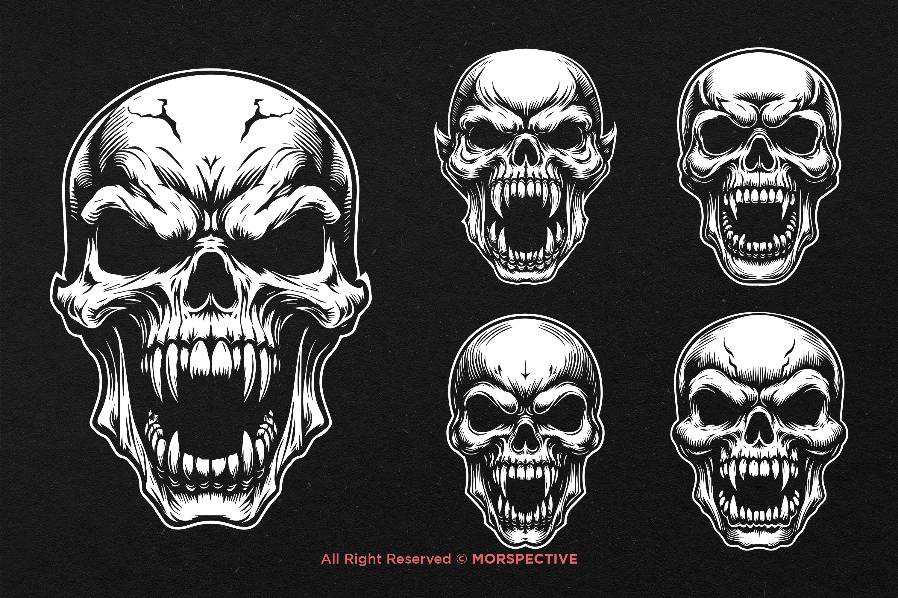 10 Bundle Dark Art Devil Angry Fang Skull Head Black White Illustration ...