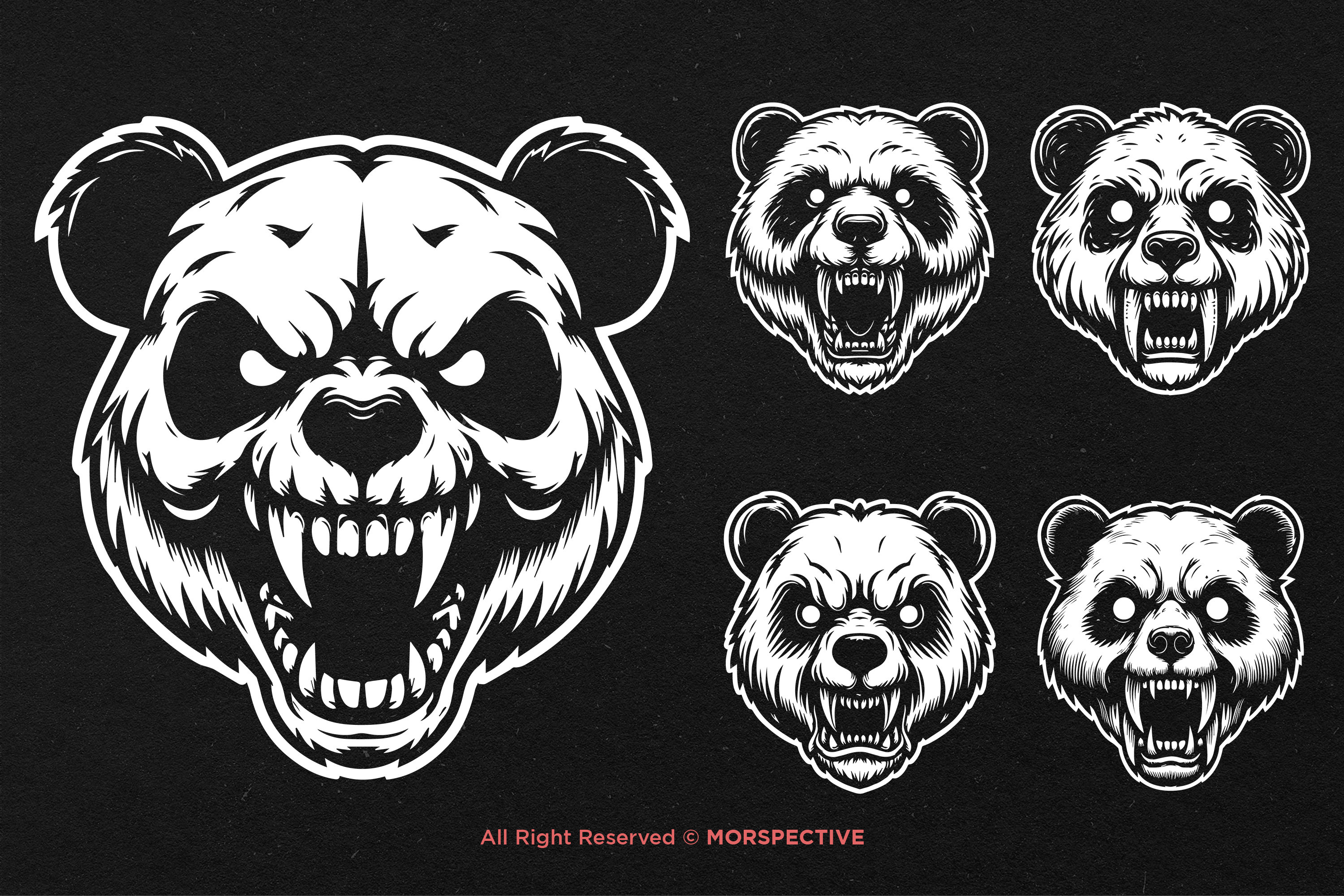 10 Bundle Dark Art Angry Beast Panda Animal Skull Head Black and White ...