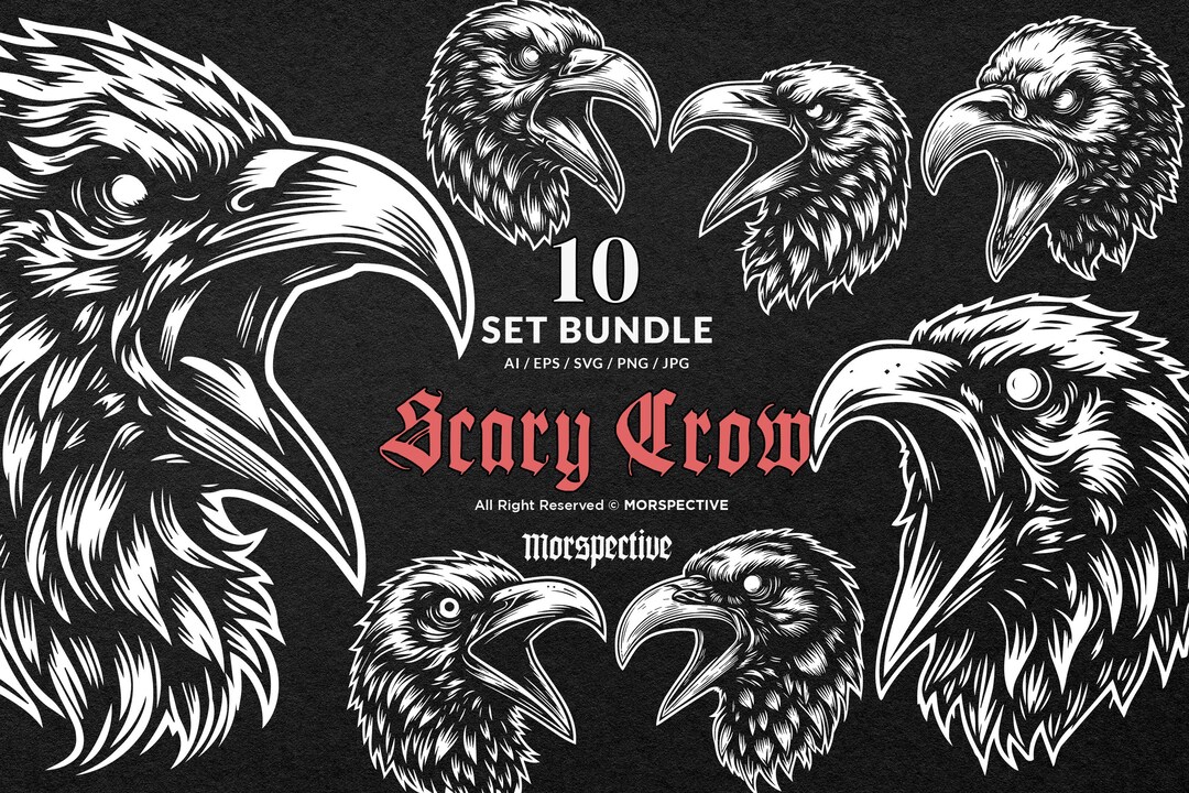 10 Bundle Dark Art Scary Angry Crow Head With Sharp Beak Black White ...