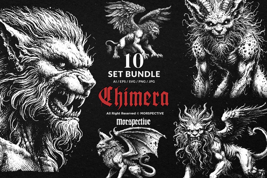 10 Bundle Dark Art Chimera Lion Head Mystical Monster Beast Tattoo ...