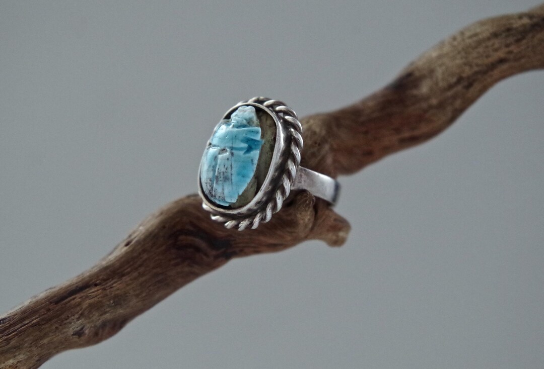 HOLY BEETLE Cute Small Scarab Silver Ring, Egypt, Light Blue Scarab ...
