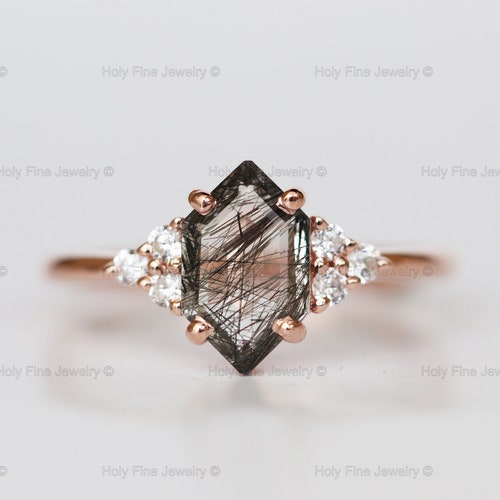 Unique Black Rutilated Quartz Ring Set/natural Rutilated - Etsy