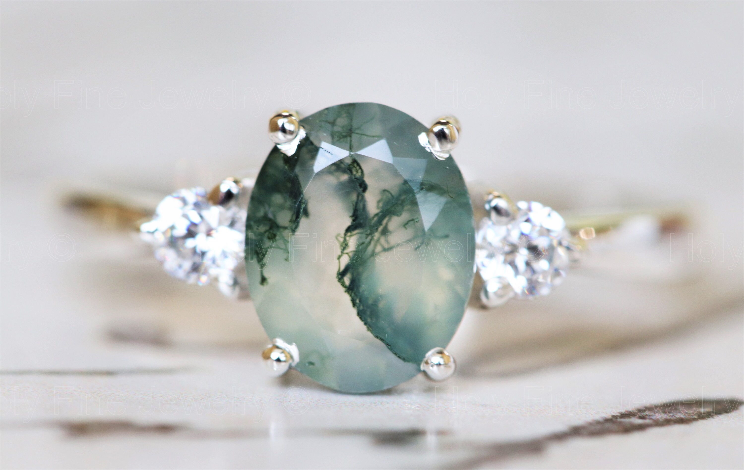 Natural Oval Moss Agate with moissanite engagement Ring | Etsy