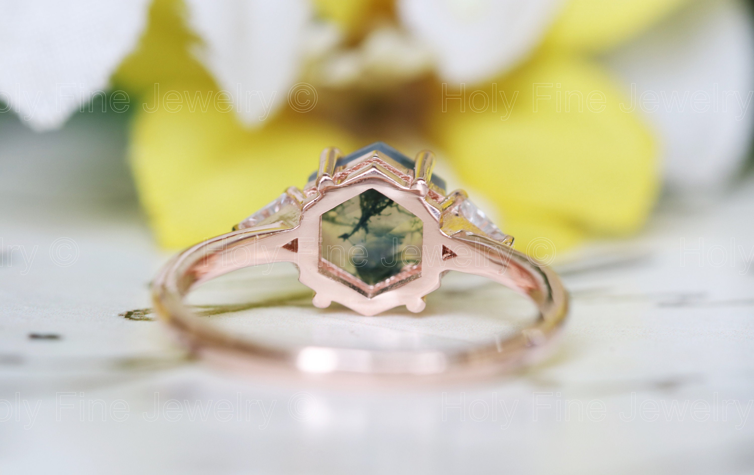 Natural Hexagon Moss Agate Ring Hexagon Engagement Ring Hexagon Diamond ...