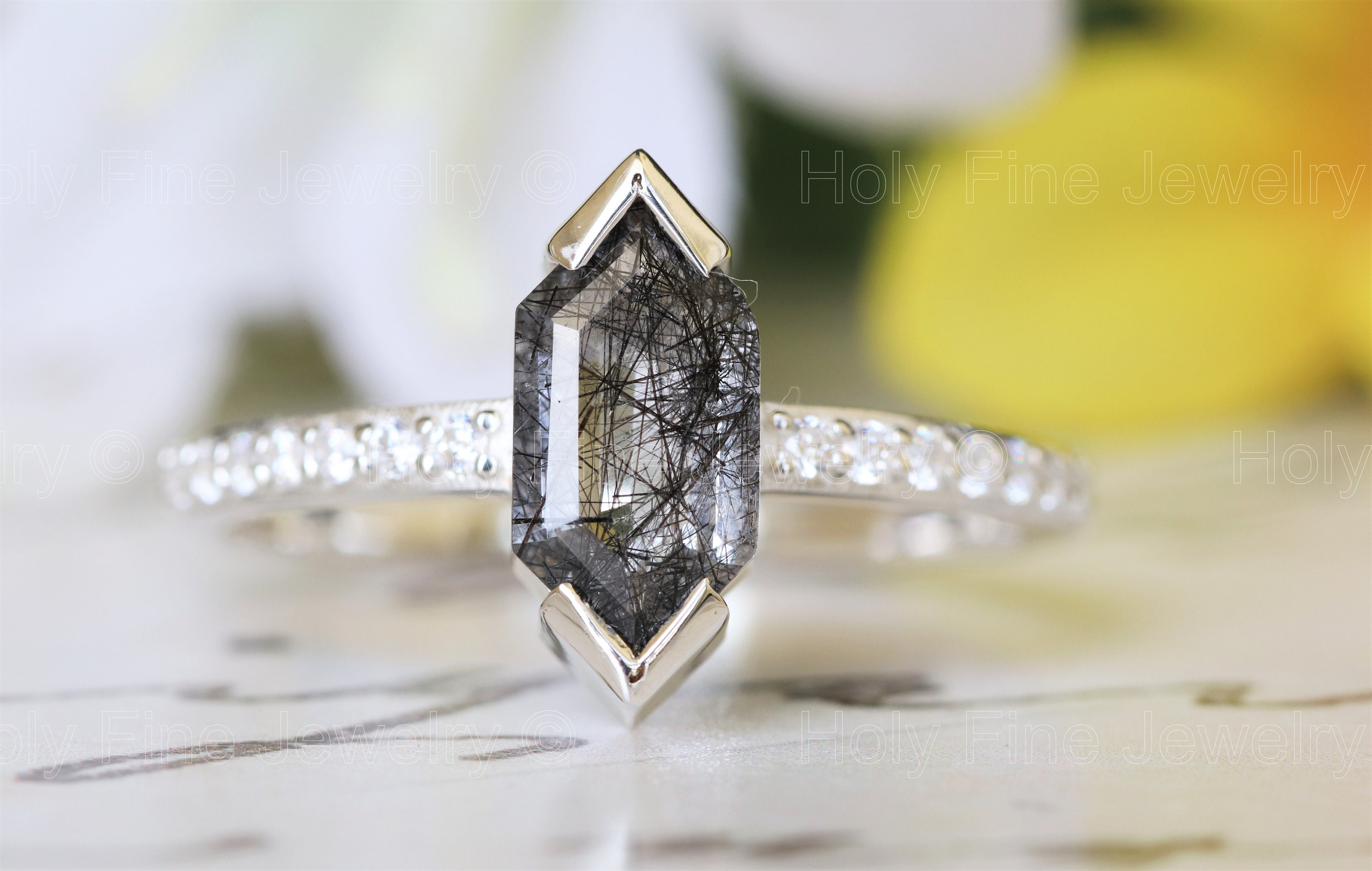 Natural Hexagon cut Black Rutilated Quartz engagement ring | Etsy