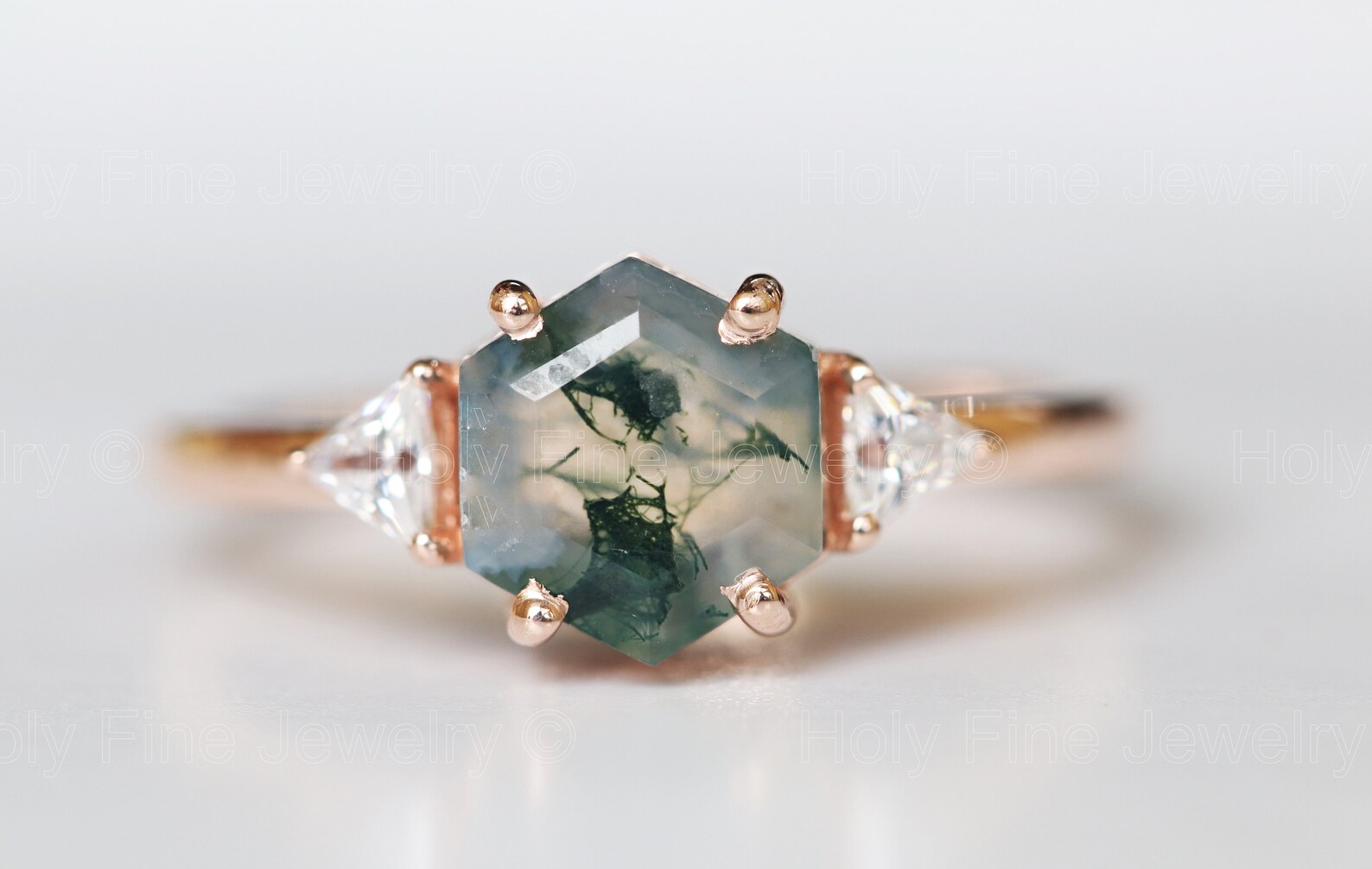 Natural Hexagon Moss Agate Ring Hexagon Engagement Ring Hexagon Diamond ...