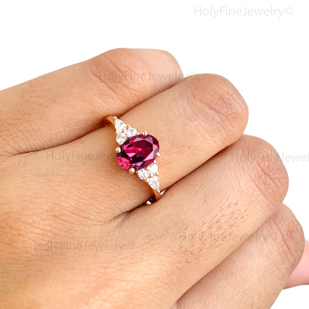 14K Rose Gold Ruby Engagement Ring, Vintage Oval Ruby Ring for Women, Marquise Diamond Cluster ...