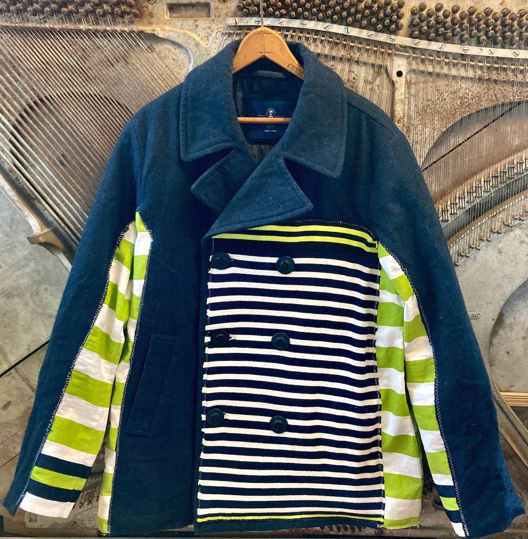 Patchwork, Navy Pea Coat, Boho, Art to Wear, Upcycled, Beach Dress ...