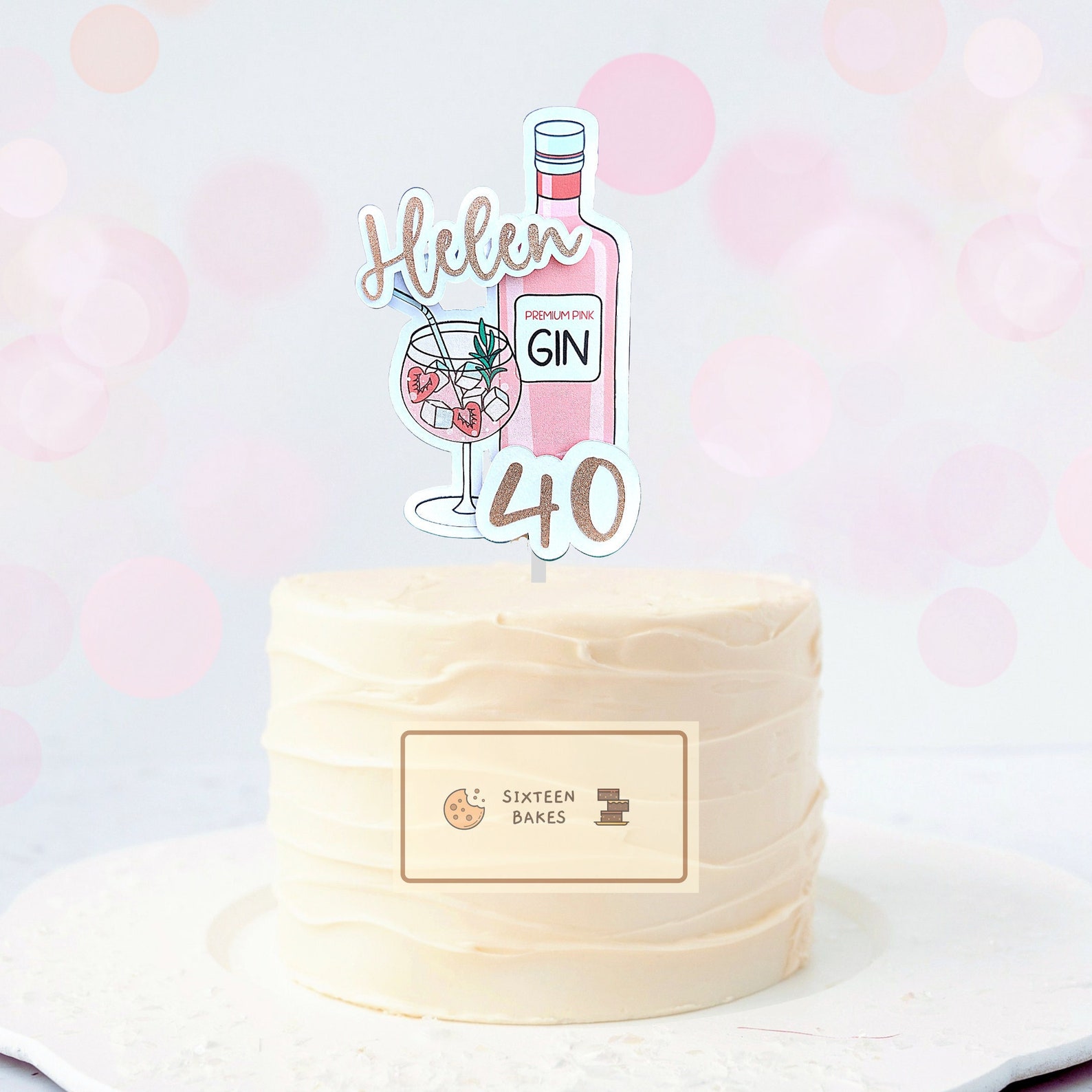 Pink Gin Cake Topper, Rose Gold Name and Age, Alcohol Cocktail Birthday ...