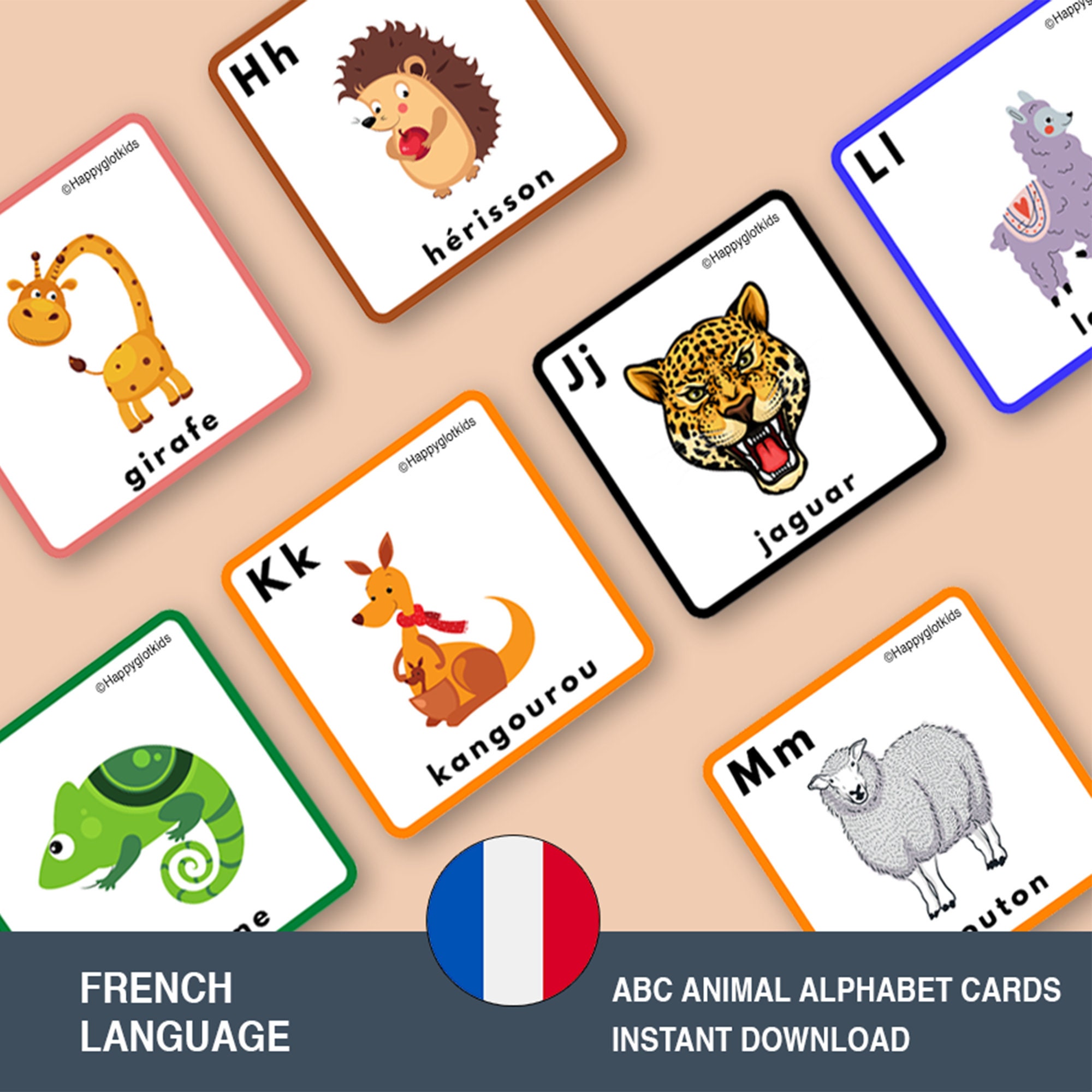 Französische Tier Alphabet Karten Alphabet Flashcards Spielzimmer Dekor ...