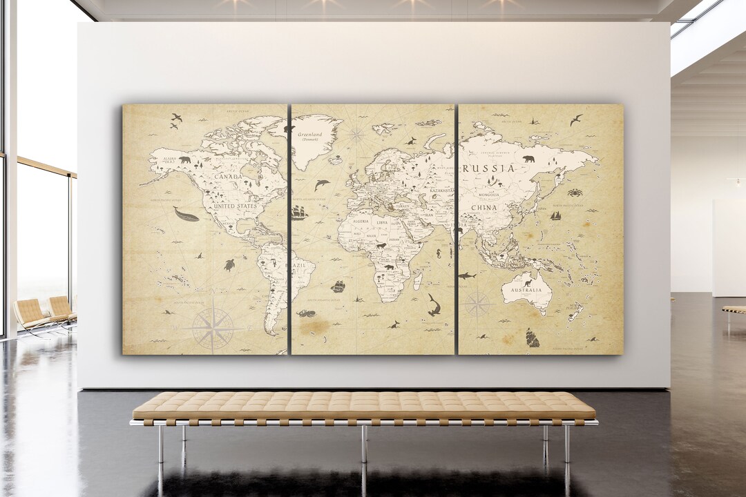 World Map Extra Large Tempered Glass or Printing Wall Art , Natural and ...