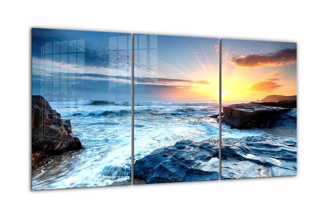 Sea Shore Sunset Extra Large Tempered Glass Printing Wall Art , Natural ...