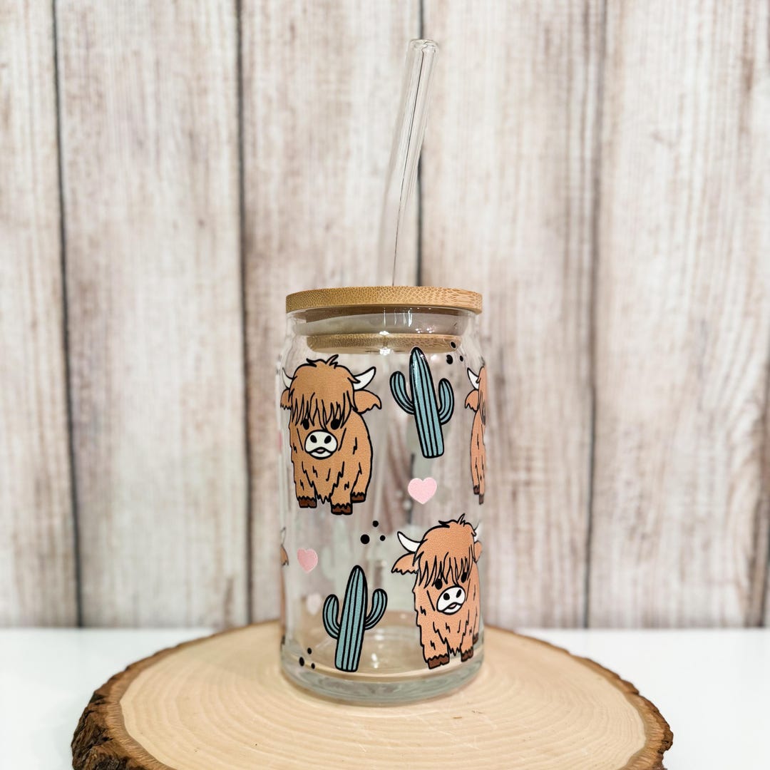Highland Cow Glass Cup With Lid & Straw: Western Boho Iced Coffee ...
