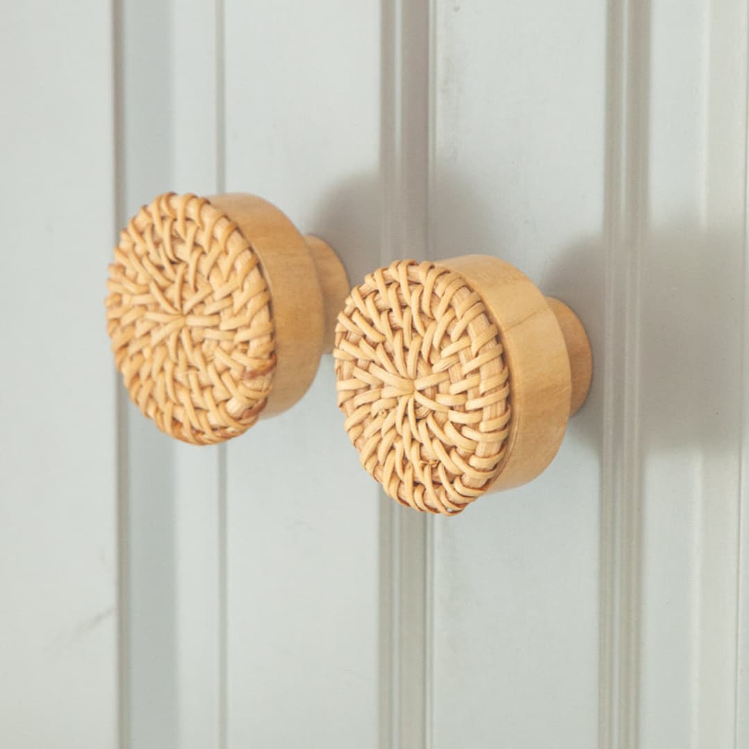 Boho Rattan Knob Unique Wood Knobs Rattan Drawer Pull Boho Knobs for ...