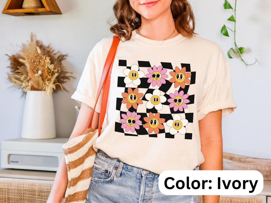 Retro Smile Face Flowers Shirt With Retro Flowers Tee Checkered Retro ...
