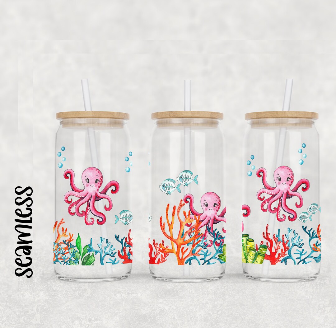16 Oz Seamless Ocean Octopus Libbey Glass Can PNG - Beer Glass ...