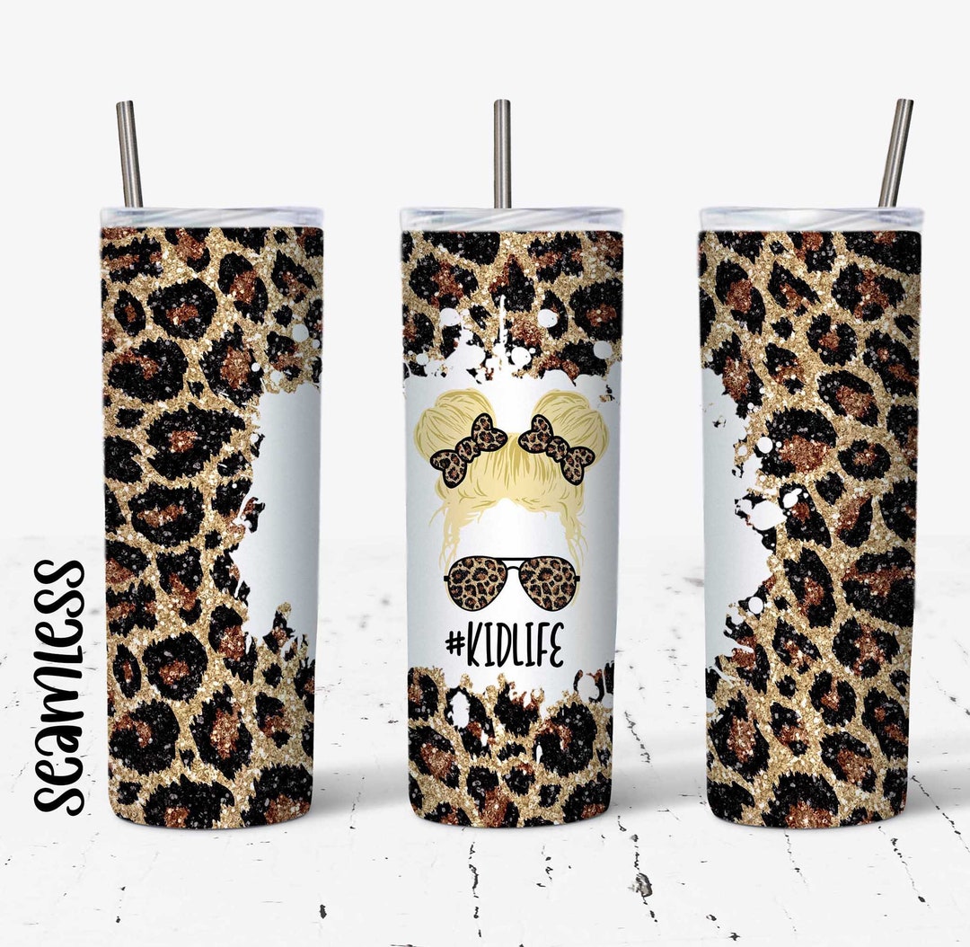 20 OZ Seamless Glitter Leopard Blonde Kid Life Messy Bun Skinny Tumbler ...