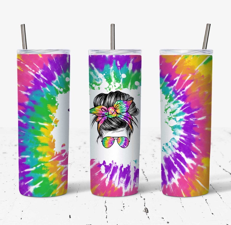 20 Oz Rainbow Tie Dye Messy Bun Hair Skinny Tumbler Design Etsy