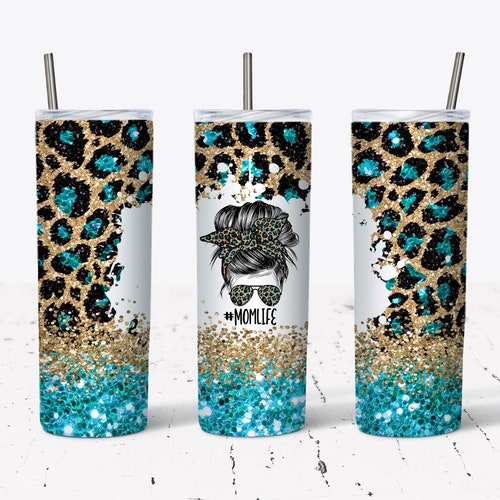20 OZ Seamless Turquoise Glitter Leopard Mom Life Messy Bun - Etsy