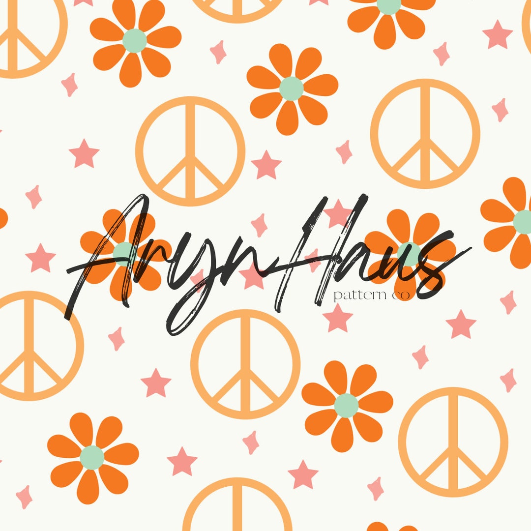 Retro Flower and Peace Sign Fabric: 90s Seamless Pattern (JPG Digital ...