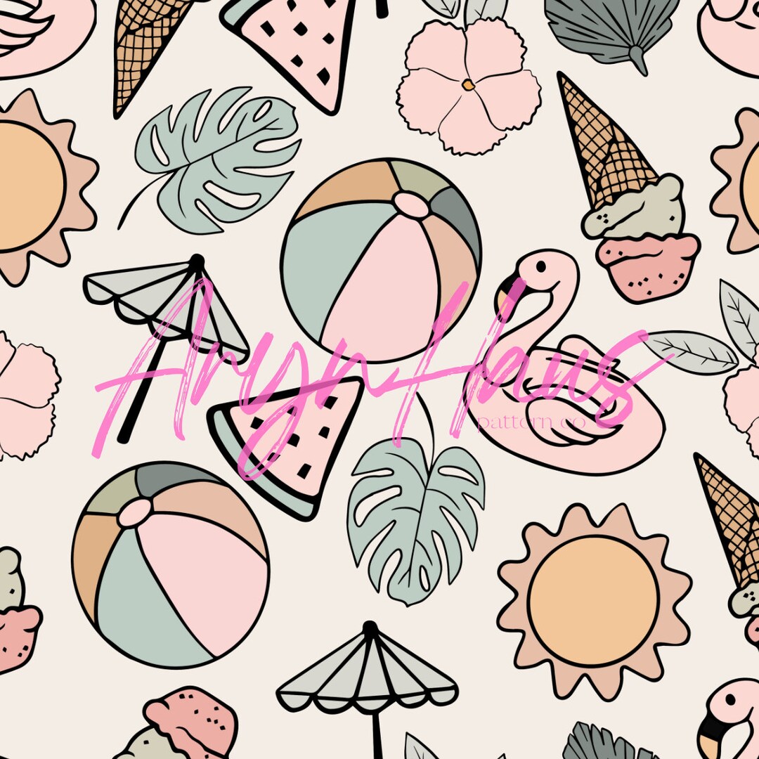 Summer Pool Party, Beach Ball, Ice Cream, Flamingo, Seamless Fabric ...