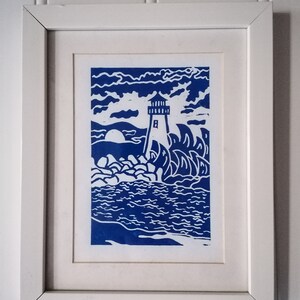 Original Linocut Print Blue Lighthouse Coastal Print Ocean Print Relief ...