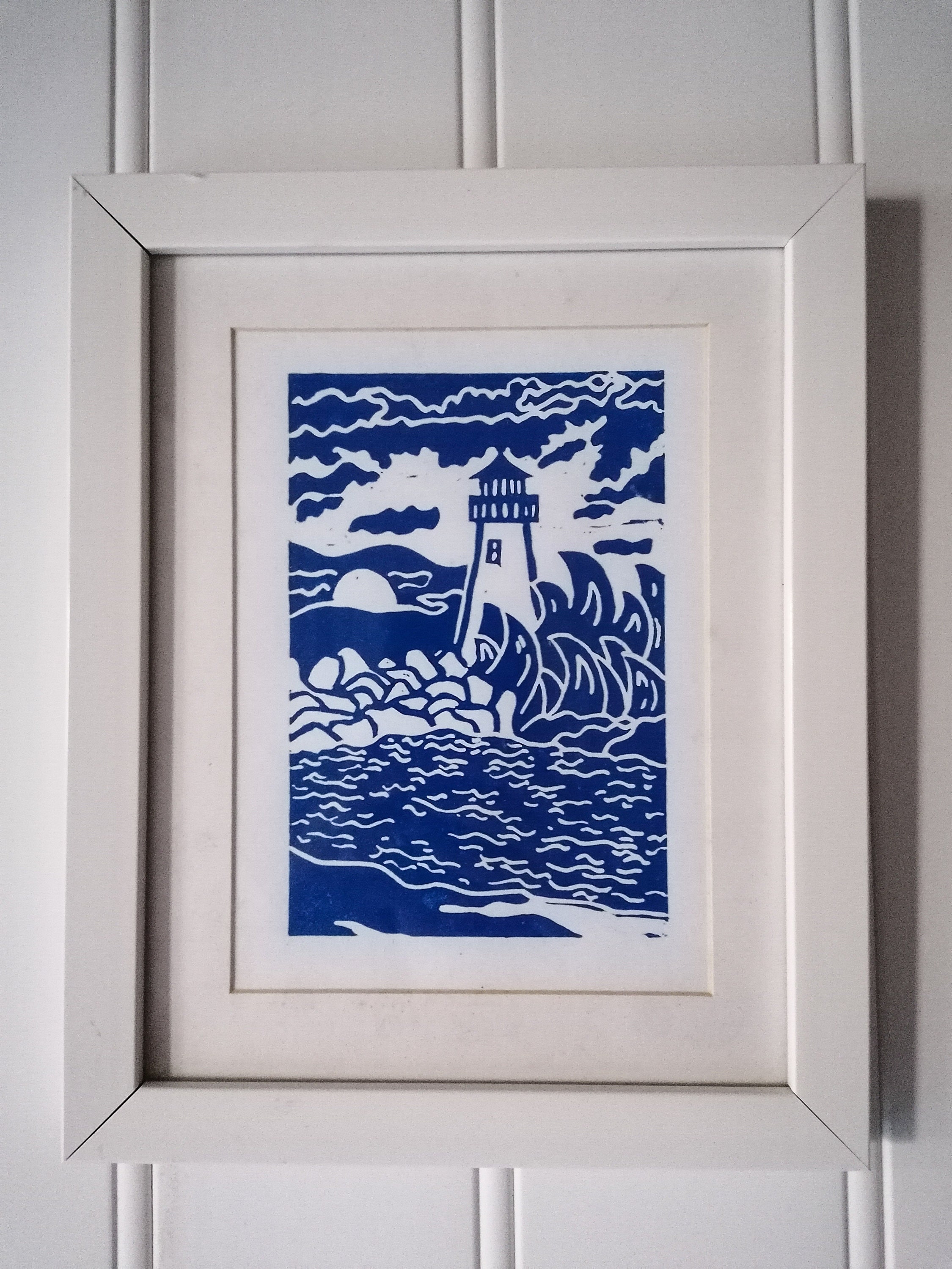 Original Linocut Print Blue Lighthouse Coastal Print Ocean Print Relief ...