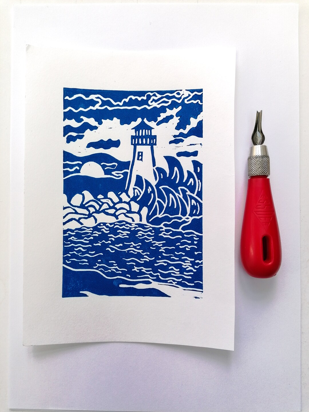 Original Linocut Print Blue Lighthouse Coastal Print Ocean Print Relief ...