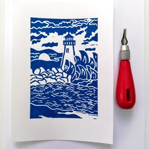 Original Linocut Print Blue Lighthouse Coastal Print Ocean Print Relief ...