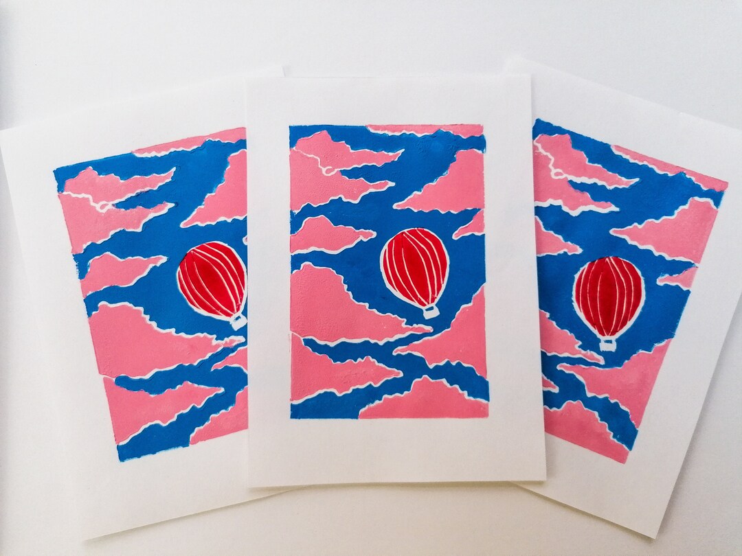 Handmade Linocut Print Hot Air Balloon Original Relief Print Colour ...