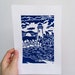 Original Linocut Print Blue Lighthouse Coastal Print Ocean Print Relief ...