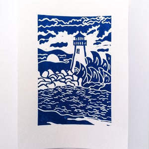 Original Linocut Print Blue Lighthouse Coastal Print Ocean Print Relief ...