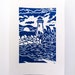 Original Linocut Print Blue Lighthouse Coastal Print Ocean Print Relief ...
