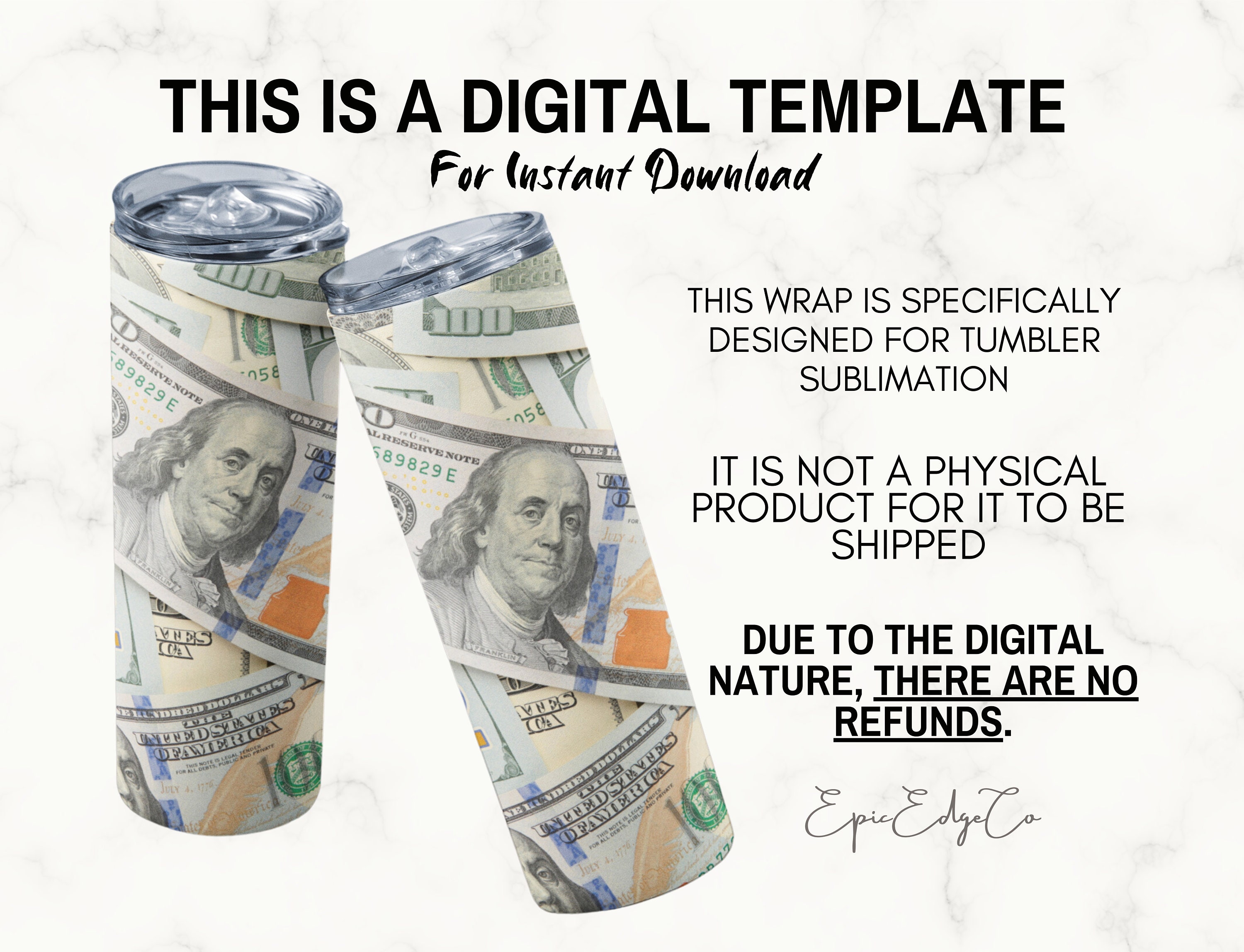 100 Dollar Bill Tumbler Wrap, 20oz Skinny Sublimation Digital Download ...