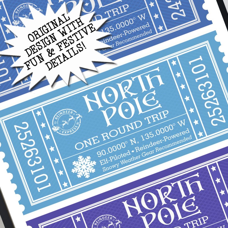 North Pole Ticket Print, Blue Christmas Winter Wall Art (digital ...