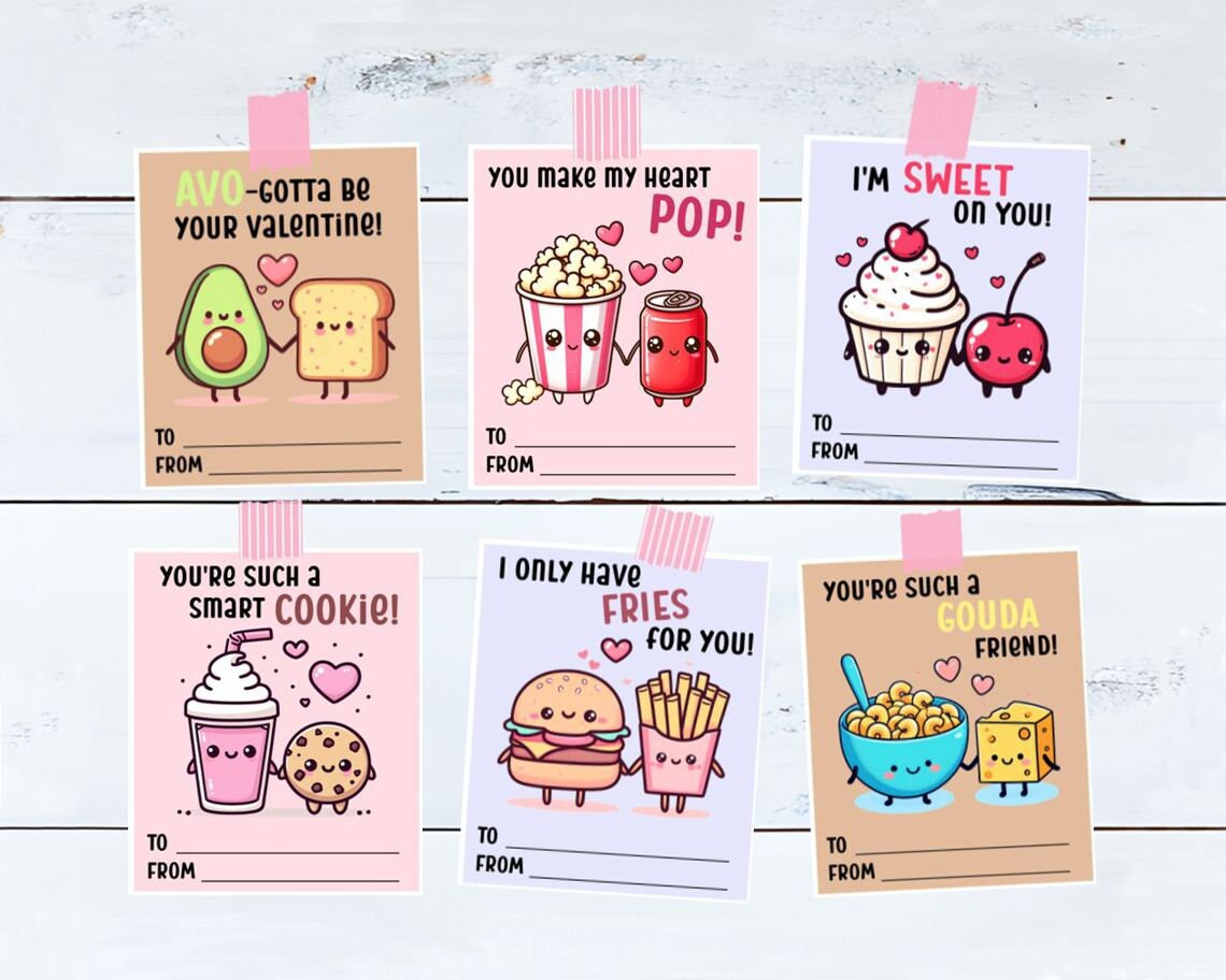Printable Valentine Cute Foods Cards, Instant Digital Download Kids ...