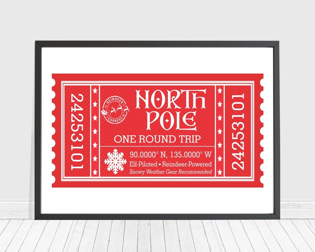 North Pole Ticket Print, Red Christmas Winter Holiday Decor (digital ...