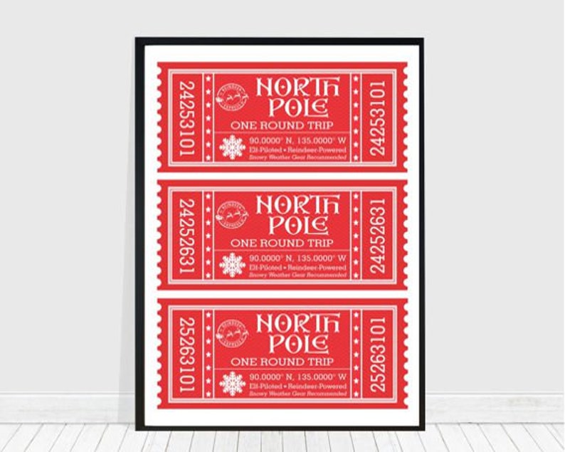 North Pole Ticket Print, Christmas Printable Wall Art, Trendy Red ...