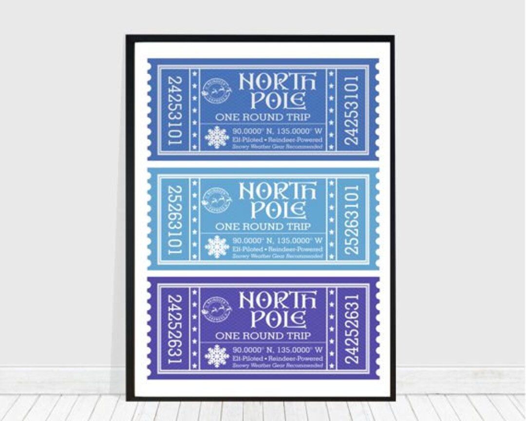North Pole Ticket Print, Christmas Printable Wall Art, Winter Blue ...