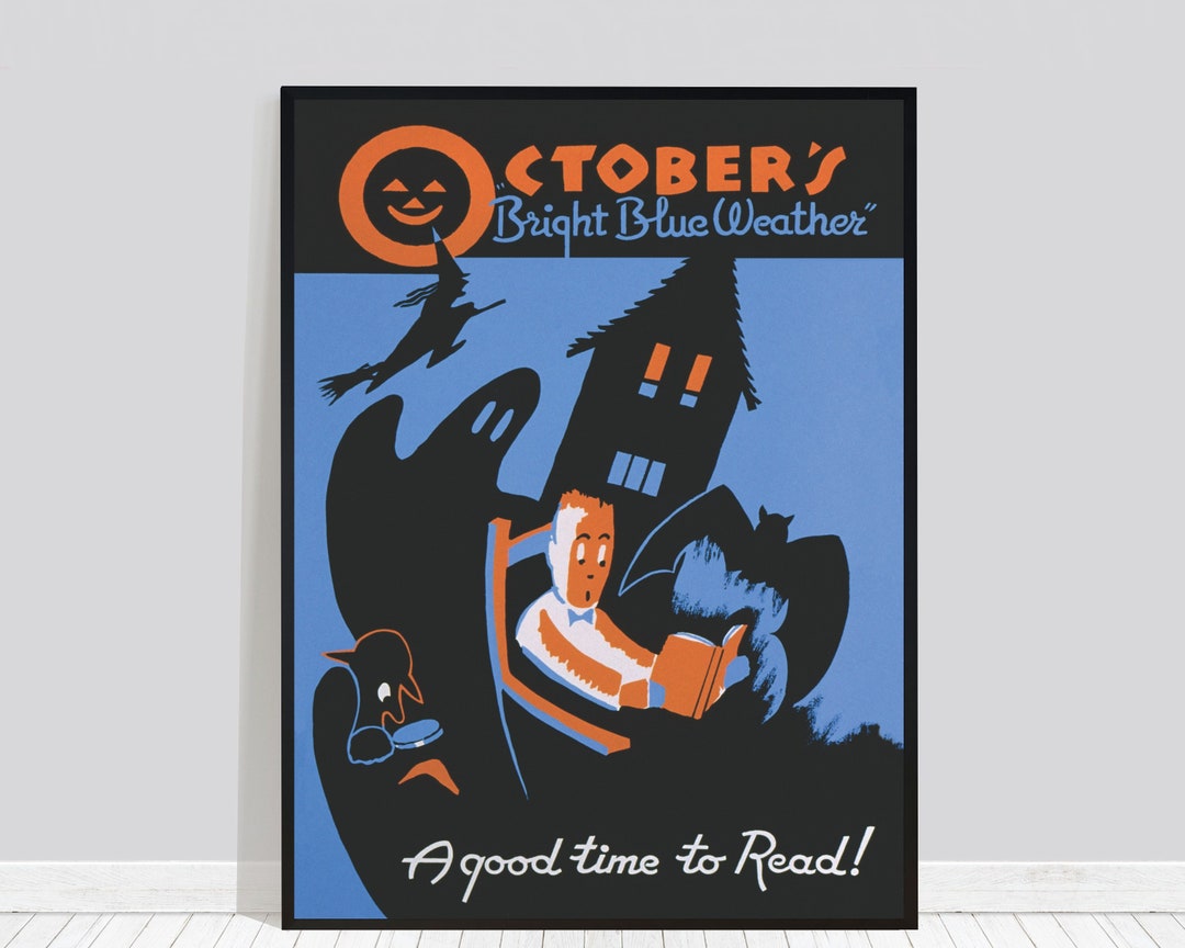 Halloween Reading Poster, Cozy October Books Print, Spooky Story Book ...