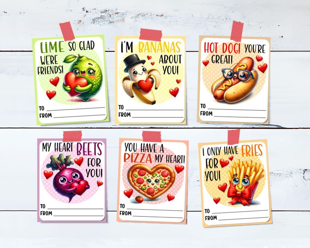 Printable Valentines Fun Food Cards, Instant Digital Download Colorful ...